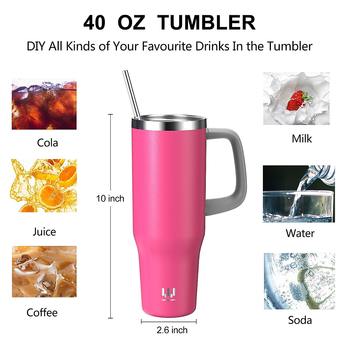 40 oz Insulated Tumbler with Handle, Stainless Steel Straw and silicone sleeves, Leakproof Travel Mug for Water, Iced Tea or Coffee, Insulated Cup Gifts for Women & Men, Strawberry Red