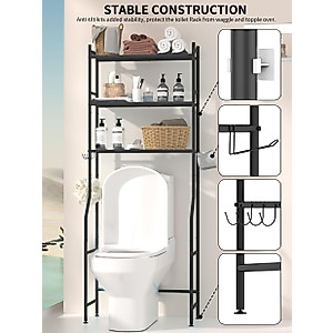 GloTika 3-Tier Over The Toilet Storage, Space Saver Metal Bathroom Shelves, Freestanding Above Over Toilet Storage Shelf with 4 Hooks for Bathroom, Black