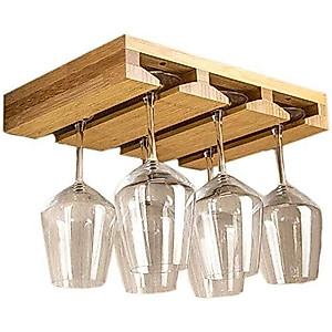 Kework Bamboo Wine Glass Holder, Hold Up to 6 Wine Glasses, Hanging Stemware Display Rack, Under Cabinet Mounted Wine Glass Drying Storage Hanger Organizer Rack (6-glass)