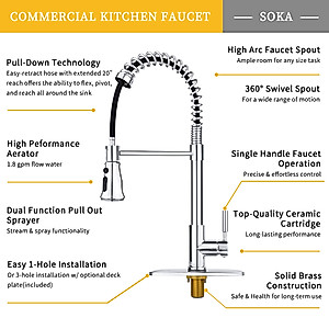 SOKA Kitchen Sink Faucet Single Handle With Pull Down Sprayer 3 Working Mode Stream, Spray & Pause Fit for 1 or 3 Hole