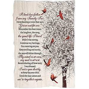 Memorial Blanket| A Limb Has Fallen from Family Tree| Cardinal Remembrance Blanket, Sympathy Memorial Gift for Loss of Father, Mother, Husband in Heaven, in Loving Memory| N2764 (Sherpa, 60x50 inch)