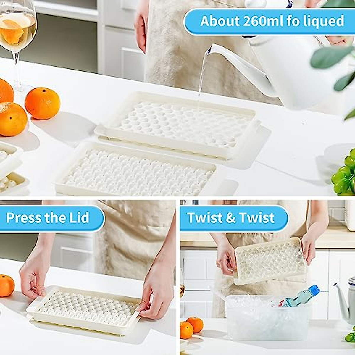 4 Pack Mini Round Ice Cube Tray, Ice Ball Maker Mold for Freezer with Container, Sphere Ice Cube Tray Making 99pcs Circle Ice Chilling Cocktail Whiskey Tea Coffee - white