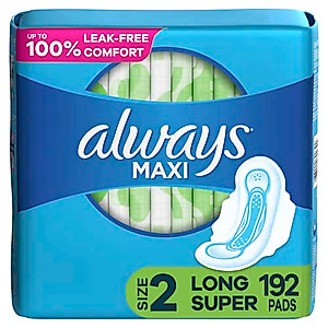 Always Maxi Feminine Pads For Women, Size 2 Long Super Absorbency, Multipack, With Wings, Unscented, 32 Count x 6 Packs (192 Count total)