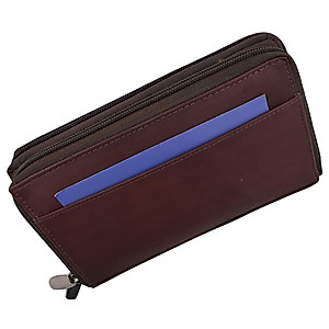 Swiss Marshall Womens Wallet Genuine Leather Double Zip Around Phone Clutch Large Travel Purse Ladies Wallet (Brown)