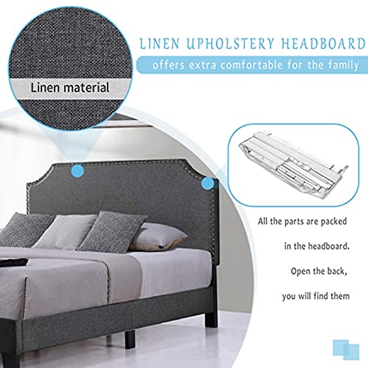 MOOLO Upholstered Platform Bed Frame with Nailhead Trim Headboard and Wood Slats Full Size Dark Grey