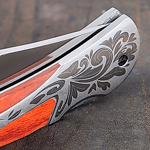 TIMBER WOLF Gentleman’s Lockback Pocket Knife – Razor-Sharp Stainless Steel Blade, Custom Handle with Wooden Inlays, Scroll Design Bolsters – A Practical and Handsome EDC - 7 1/2" Overall