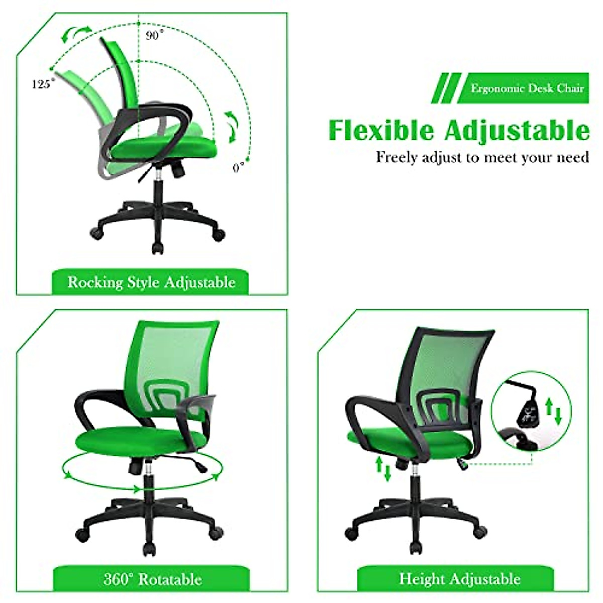 Desk Chair Home Office Chair with Lumbar Support& Armrest, Adjustable Ergonomic Mid Back Computer Chair Executive Rolling Swivel Mesh Office Desk Chairs for Adults, Green