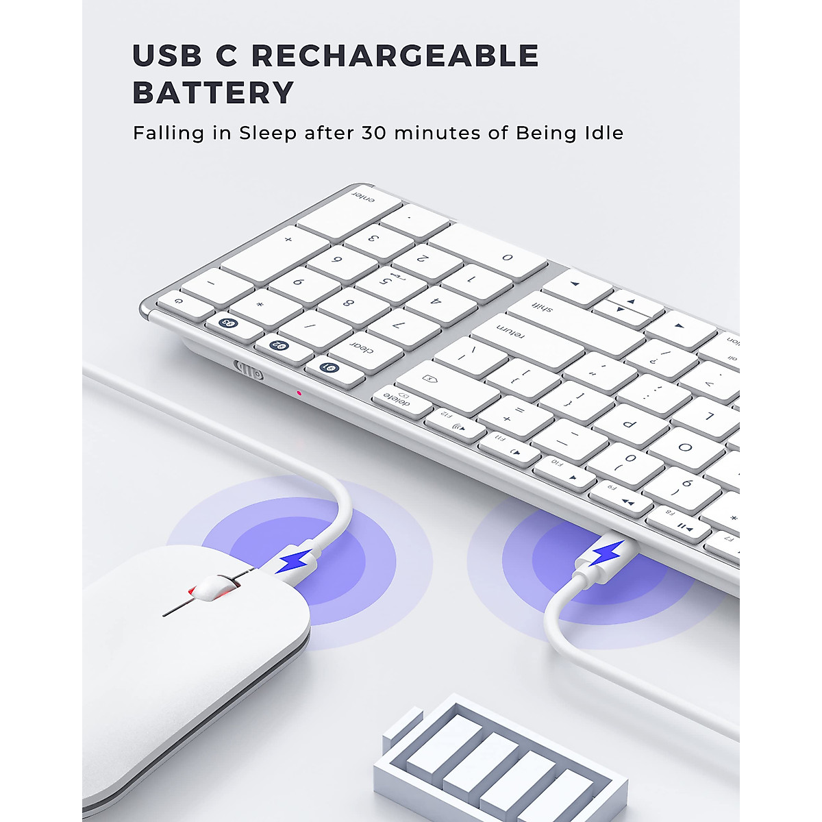 Wireless Bluetooth Keyboard and Mouse Compatible for Mac, seenda Stainless Steel Multi-Device Keyboard and Mouse Rechargeable with Number Pad, Compatible for Mac, iPad, iOS, Silver