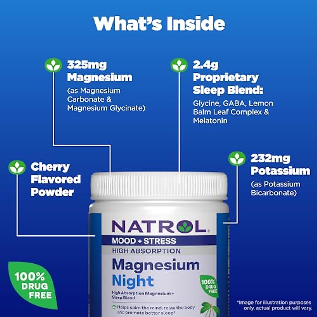 Natrol Mood + Stress High Absorption Night Magnesium Carbonate and Magnesium Glycinate 325mg with a Blend of Glycine, GABA, Lemon Balm and Melatonin, 16.3 OZ Cherry-Flavored Powder, 60 Day Supply
