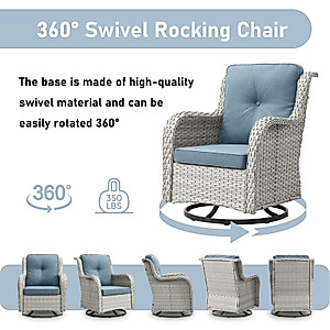 Wicker Outdoor Conversation Set-6 Pieces Outdoor Wicker High Back Couch with Swivel Rocker Chairs Patio Furniture for Deck Poolside Backyard-Light Grey/Light Blue