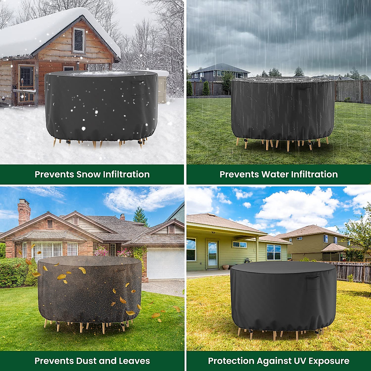 Mrrihand Round Patio Furniture Cover, Waterproof Heavy Duty 600D Outdoor Table Covers Anti-Fading Cover for Outdoor Furniture Set, 110"DIAx28"H, Black