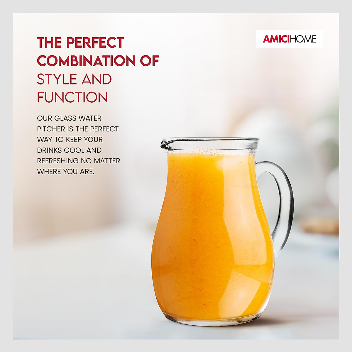 Amici Home Roxy Glass Water Pitcher with Handle and Spout | Round Jug with Ice Lip | Great for Iced Tea, Sangria, Lemonade, Juice | Made in Italy (Small)