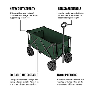 Woods Outdoor Collapsible Folding Garden Utility Wagon Cart w/ 225 Pound Capacity, 7 Cubic Feet of Storage for Camping, Beach, & Park, Green