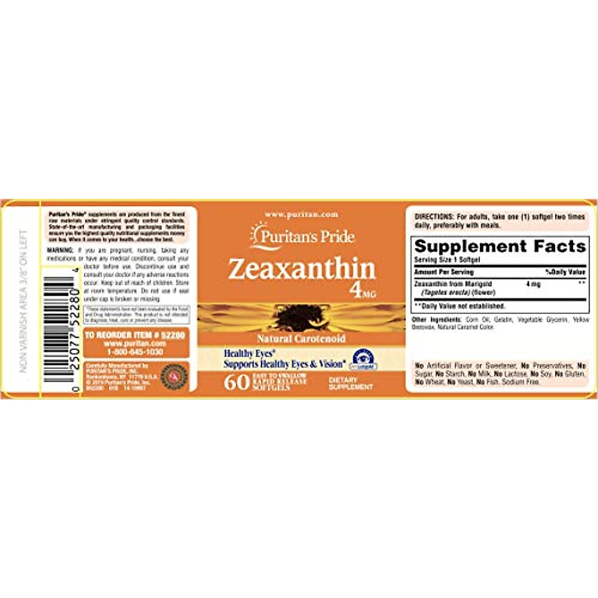 Puritan's Pride Zeaxanthin 4 mg-60 Softgels