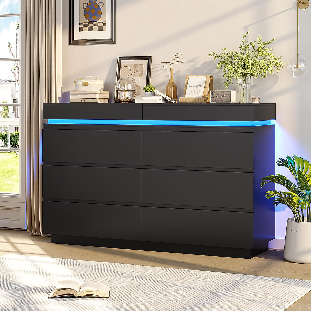 DICTAC Modern 6 Drawer Dresser with Sliding Desktop, Wide Chest of Drawers with Charging Station & LED Lights, Large Storage Tower Clothes Organizer, Black Dresser for Bedroom