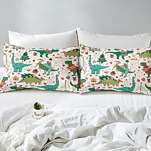 Cute Dinosaur Duvet Cover Set Full Size,Christmas Theme Dinosaur Bedding Set 3Pcs for Kids Girls Boys,Cartoon Xmas Tree Snowman Comforter Cover Xmas Animal Quilt Cover Teens Room Decor,2 Pillowcases