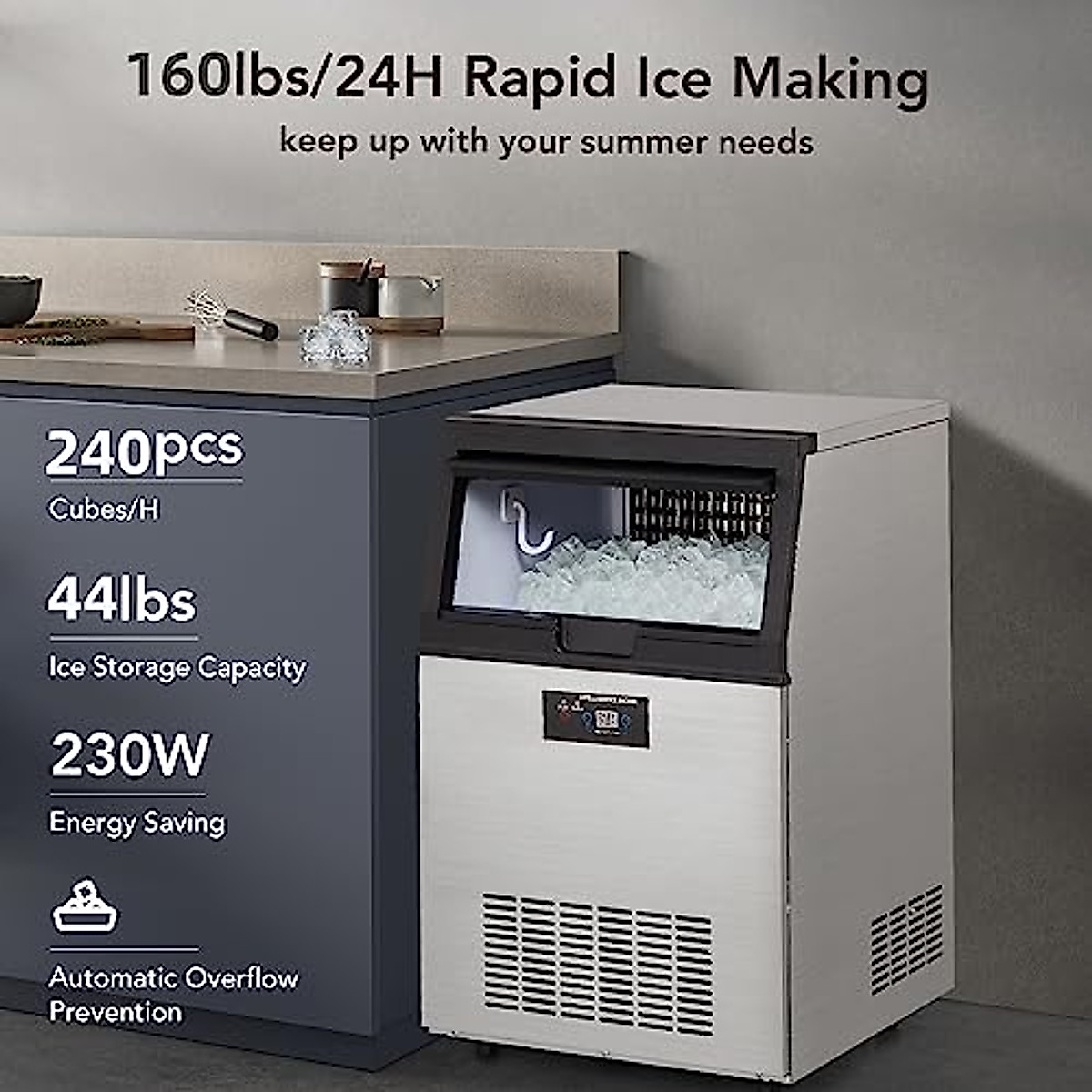 GARVEE Commercial Ice Maker, Creates160 LBS in 24H, Commercial Ice Machine with 44 LBS Ice Storage Capacity, Ice Maker Machine with Auto Self-Cleaning, Each Tray Can Make 60 Pieces of Ice.