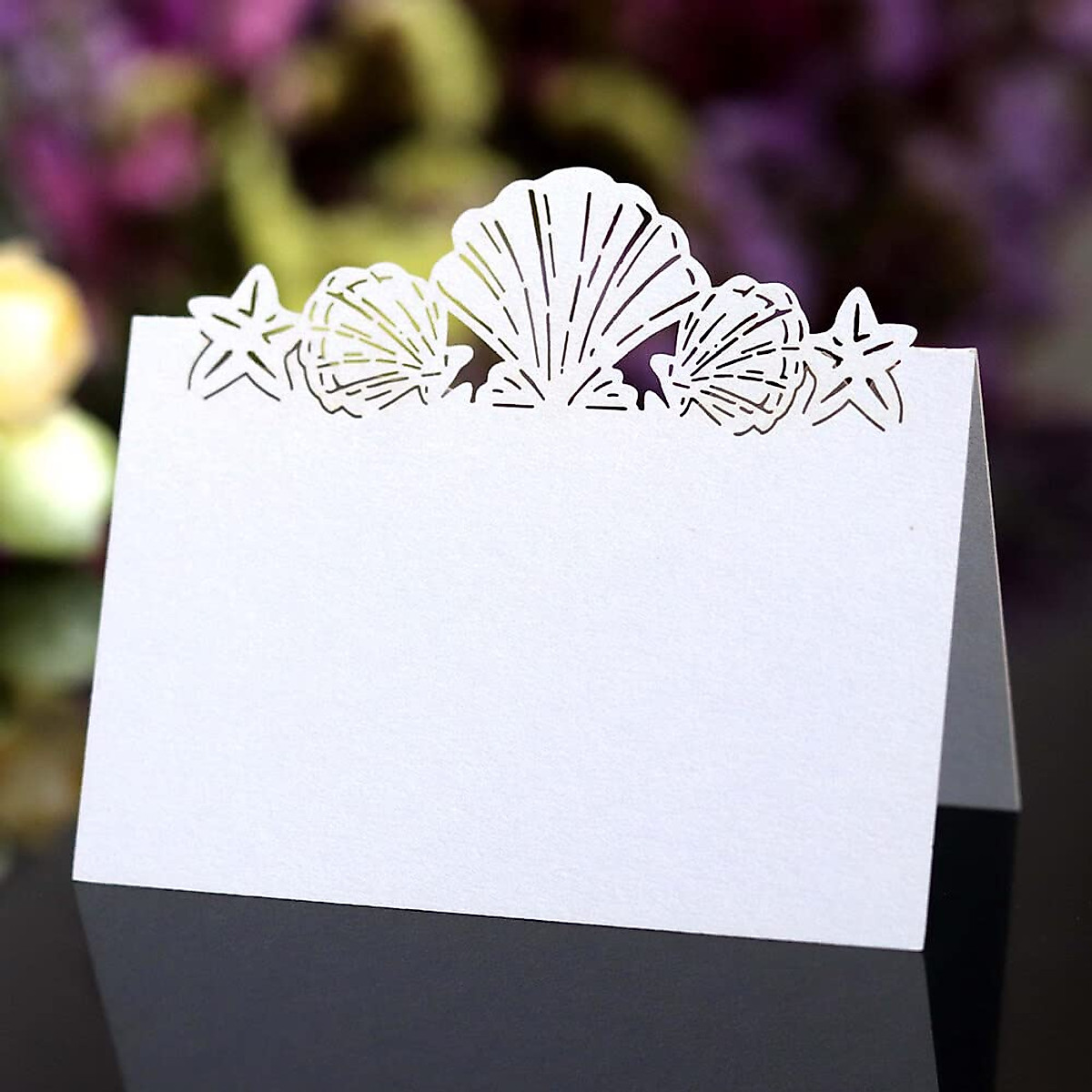 Pack of 50 Beach Themed Wedding Place Card Seashell Table Numbers Name Place Card Laser Cut Hollow Shells Setting Seat Card Placecard for Banquets Dinner Party (White)