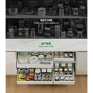 Seinloes 2 Pack Expandable Pull Out Cabinet Organizer 21" Deep, Upgrade 3 Slide Rails Slide Out Drawers for Kitchen Cabinets, No Drill Roll Out Shelves Adhesive, Adjustable Width 12.05"-20.4" White