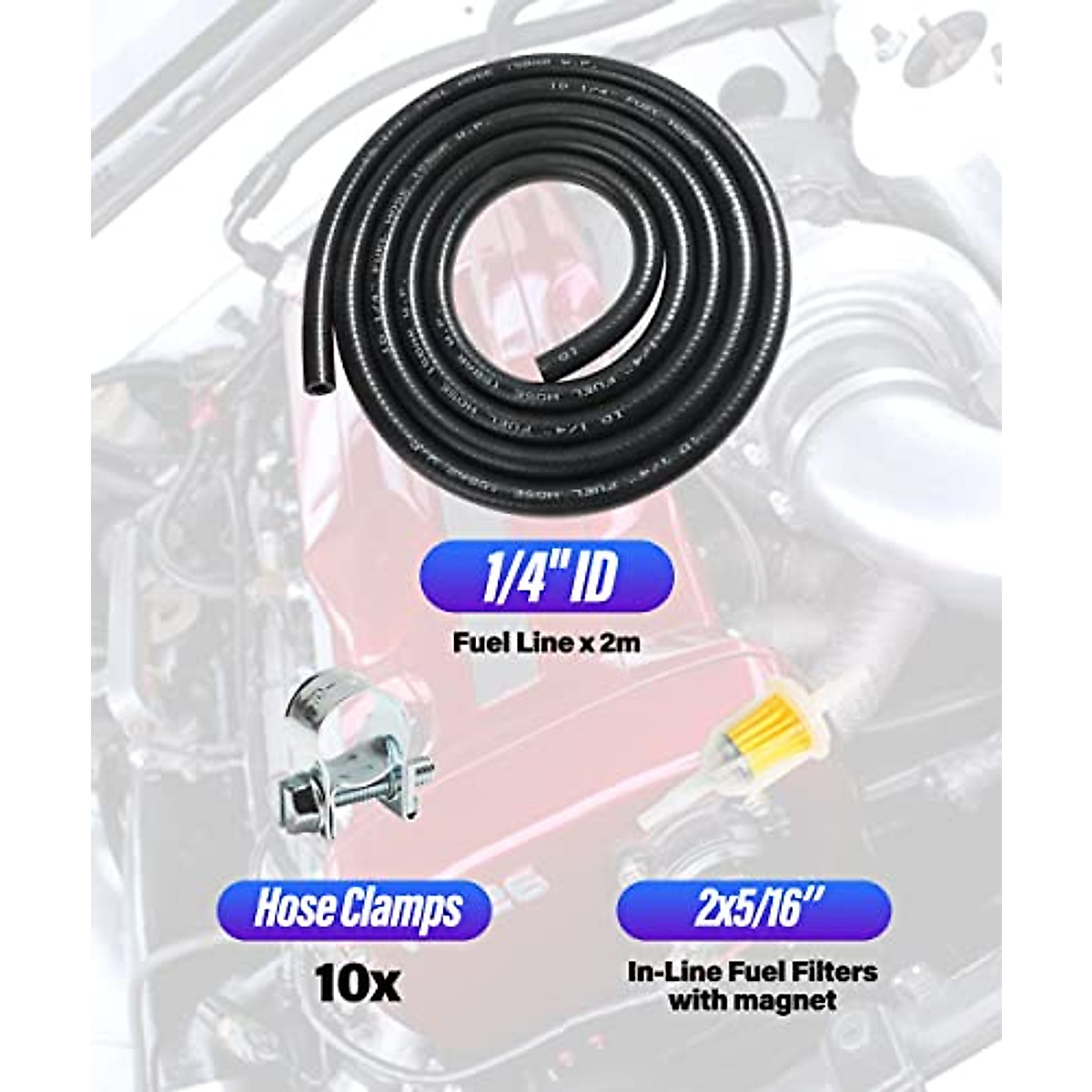 ESEWALAS 1/4" 5/16" Inch ID Fuel Line Kits,include 6Ft Fuel Line+2Pcs Gas Inline Fuel Filters with Magnet+10Pcs Adjustable Mini Fuel Hose Clamps,Fuel Line Hose with Fuel Filter Replacement.(1/4"(6MM))