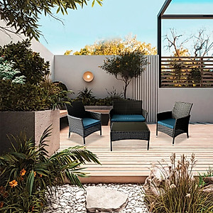 Ophelian 4 Piece Wicker Patio Furniture Set, Patio Set with Comfortable Cushion,Garden Pool Backyard Patio, Coffee/Peacock Blue