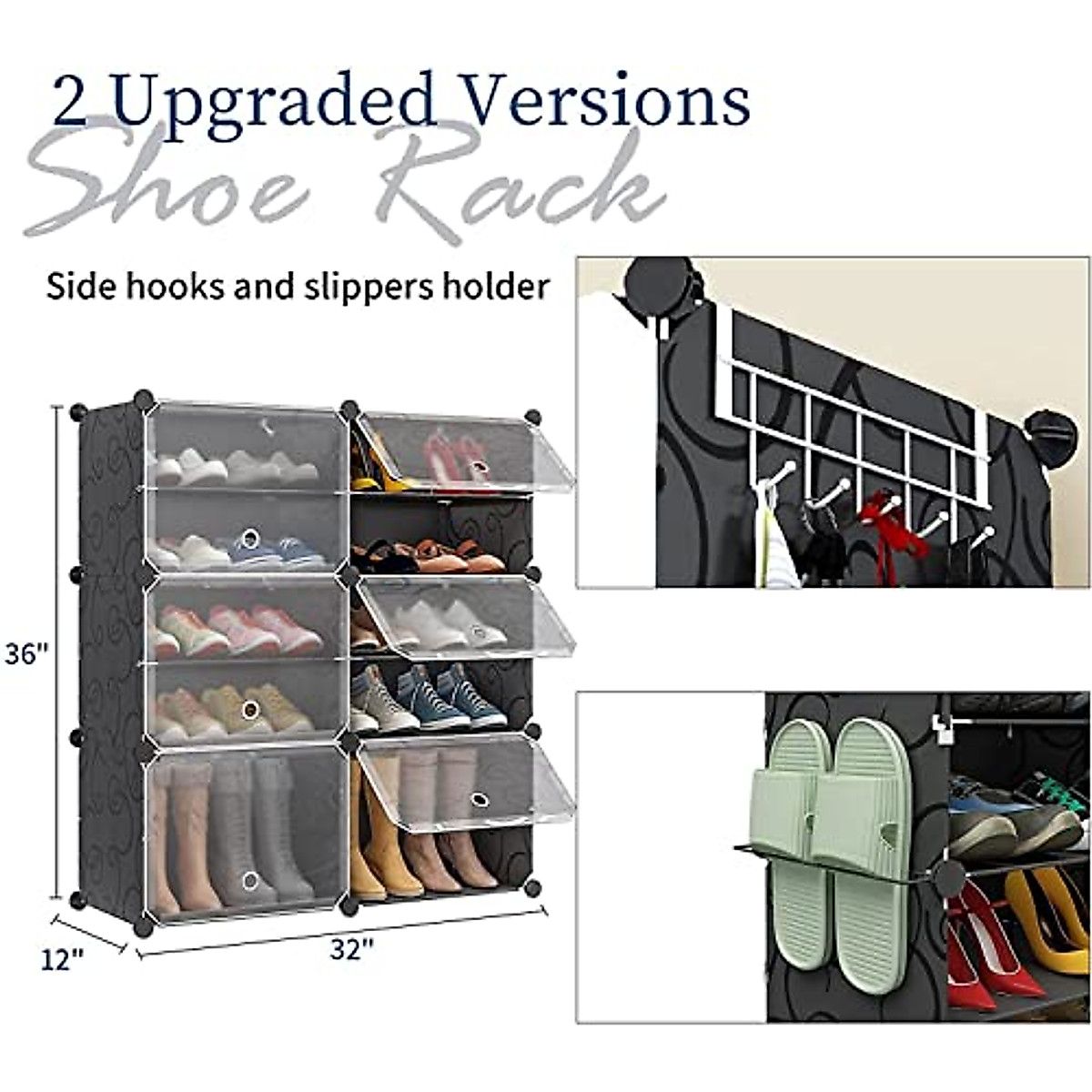 Aeitc 100 Pairs Shoe Rack Organizer Shoe Organizer Expandable Shoe Storage Cabinet Narrow Standing Stackable Space Saver Shoe Rack for Entryway, Closet with Hook and Side Shelf,Black