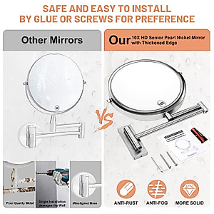 MIRRORMORE 8” Large Wall Mounted Makeup Mirror, Two-Sided 1X/10X Magnifying Mirror Extendable Long Arm, 360°Swivel Flexible HD Shower Mirror Fogless for Shaving, Fully Senior Nickel Bathroom Mirror