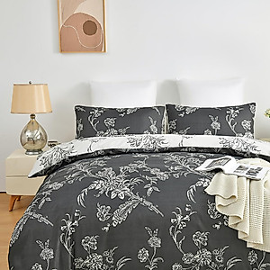 La Sheer Black Floral Duvet Cover King Size Garden Style Flower Microfiber Bedding Set with Zipper Smooth Soft Comforter Cover with 2 Pillow Shams(102x90 inches, 3 Pieces)