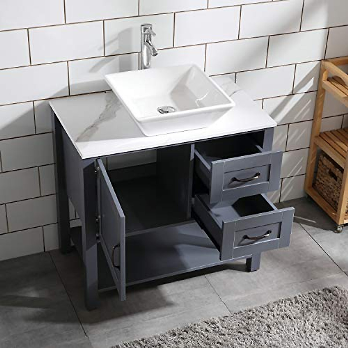 30" Grey Bathroom Vanity Sink Combo Marble Pattern Top w/Mirror Faucet&Drain Set