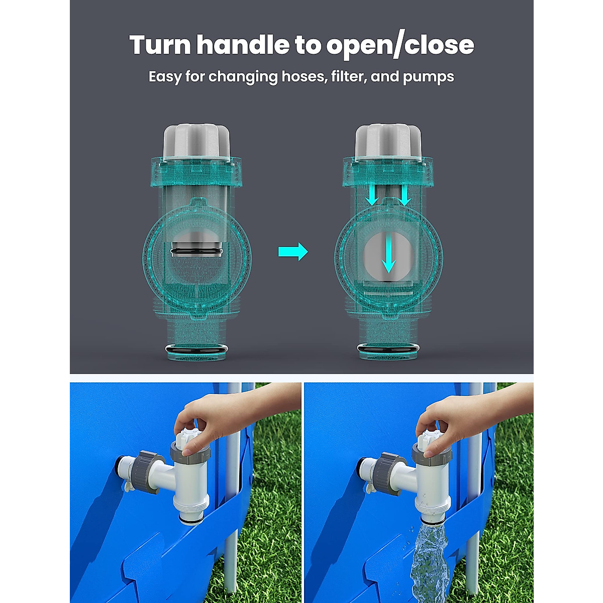 POOLHACKER Replacement Type B Hose Adapter 1.25" to 1.5" with Plunger Valve Parts for Above Ground Pool, Hose Adapter B & Shut Off Valve with Gaskets & Nuts for Above Ground Pool (2 Pack)