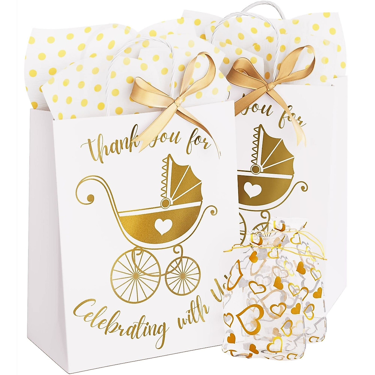 25 Pack Baby Shower Gifts Bag with Tissue Paper and Ribbons - Gold Baby Shower Gifts Bags Medium Size - Baby Gift Bags for Baby Shower, Baby Boy Gift Bag, Baby Girl Gift Bag, Gender Reveal Gift Bag Bulk (8"L x 4.5"W x 10"H, White)