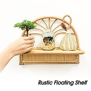 T'Furni Rattan Wall Shelf for Living Room Kitchen Wall Decor - Natural Rattan Floating Shelves - Semicircular Shelf Wall Decor - Natural Hanging Book - Wall Shelf with Storage
