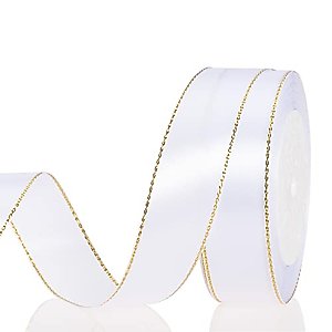 YASEO 25 Yards 1 Inch White Satin Ribbon with Gold Edges, Gold Border Fabric Ribbons for Gift Wrapping and Crafts