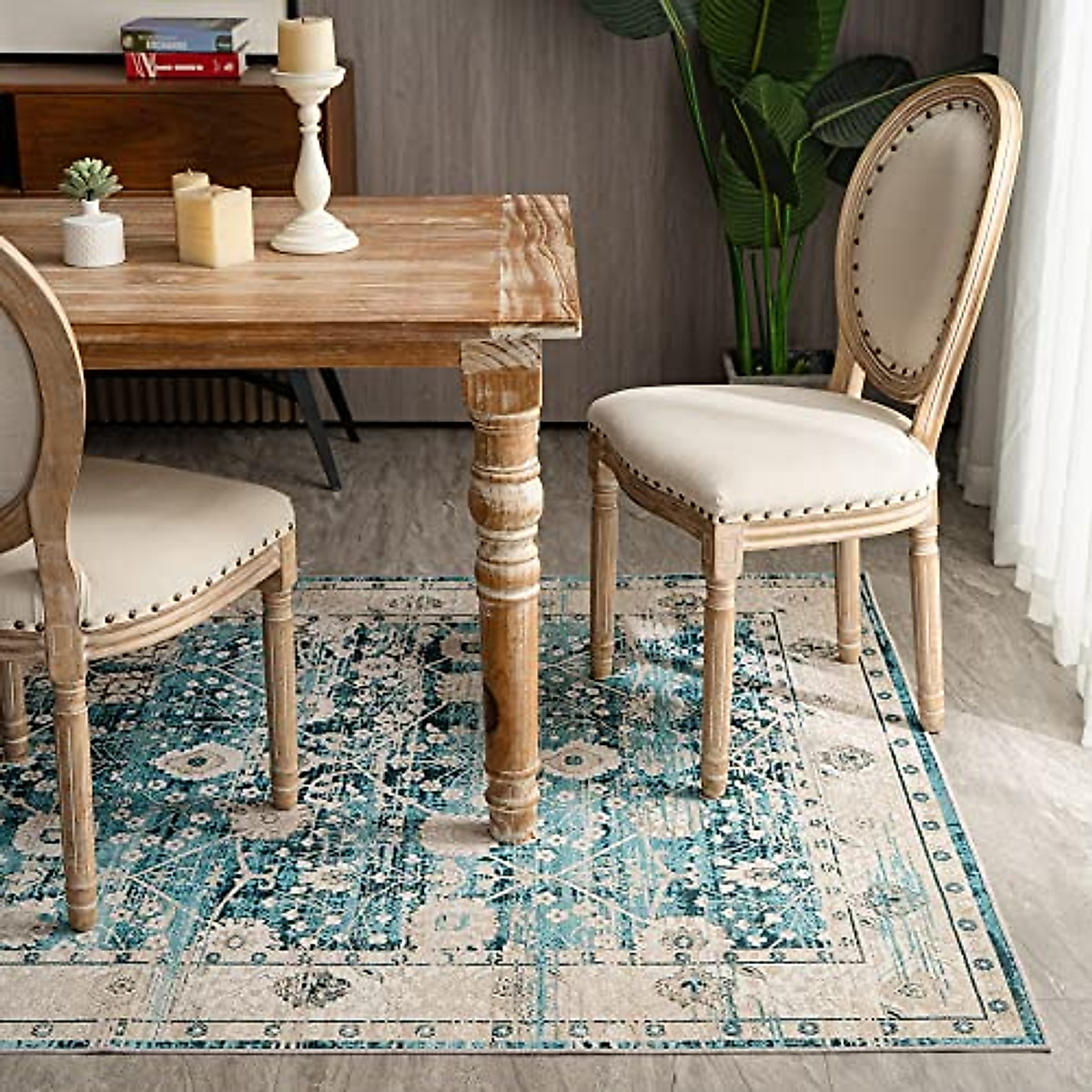 Syalife Washable Rug Vintage Area Rugs, 5'x 7' Living Room Rug with Non Slip Backing, Ultra-Thin Medallion Distressed Non-Shedding Rug, Vintage Floor Mat Indoor Rug USI001-57FG04GR