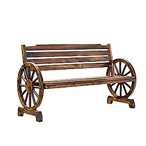 Mavalous Wagon Wheel Bench for Outdoor, 3-Person Seat Wooden Bench with Backrest, Rustic Benches forOutside, Porch, Garden, Brown