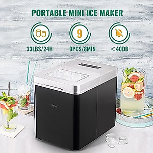 Ice Maker Countertop 9 Pcs Bullet ice in 8 Mins, 33LBS in 24Hrs, WANAI Portable Ice Machine with Auto Self-Cleaning, Ice Scoop & Basket, Two Size for Home/Office/Kitchen/Bar
