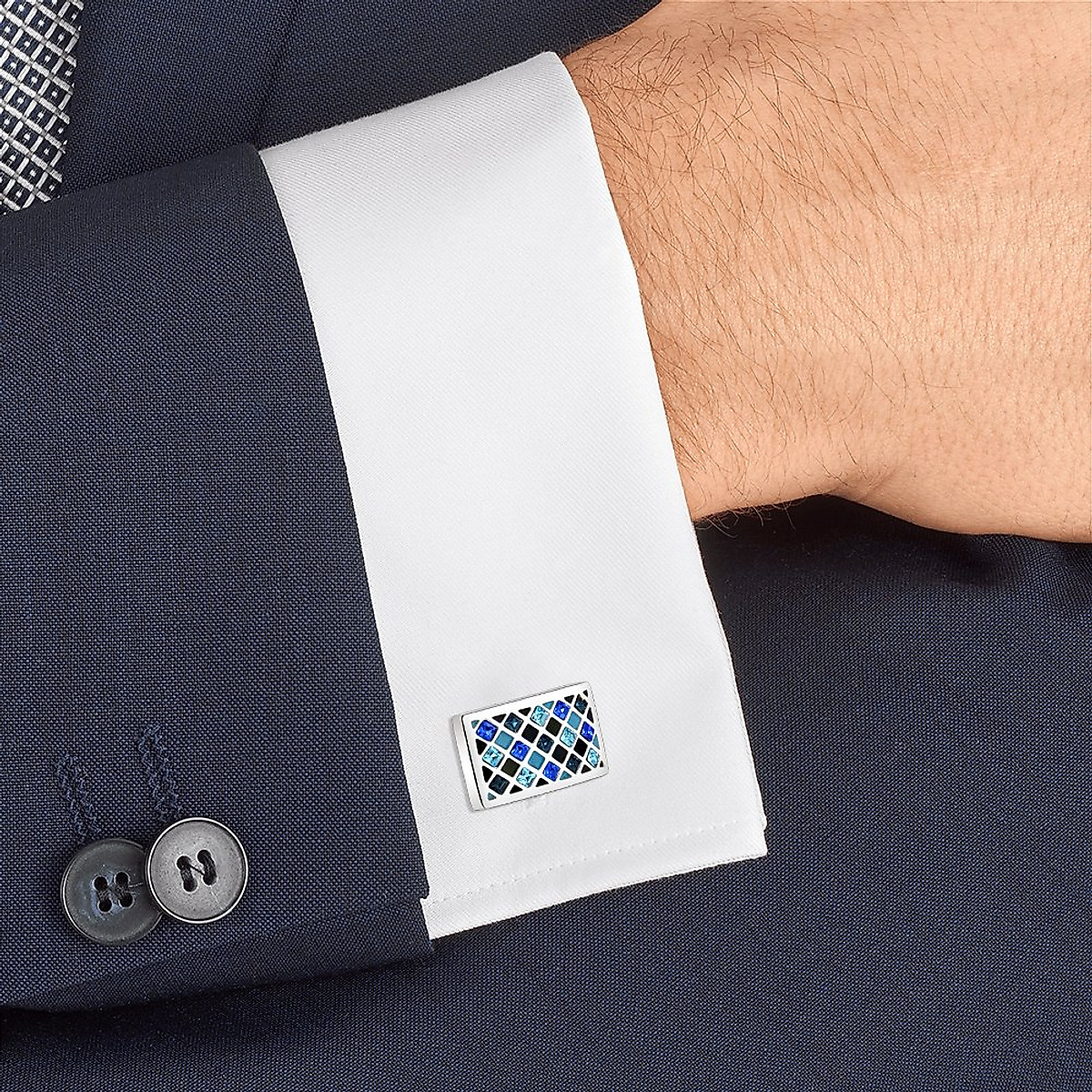 Mr.Van Elegant Swarovski Crystal Cufflinks Blue Glimmering Cuff Links Set Wedding Christmas Gifts for Him