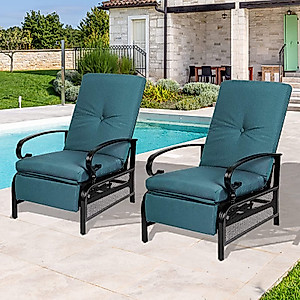 Crownland Outdoor Patio Furniture Adjustable Reclining Lounge Chair Set, Patio Black Metal Recliner with Peacock Blue Removable Cushion (2 Pieces)