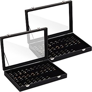 Yinkin 2 Pcs 100 Slots Ring Organizer Box with Transparent Glass Lid Necklace Display Tray Ring Case Velvet Jewelry Holder (Black,Ring)