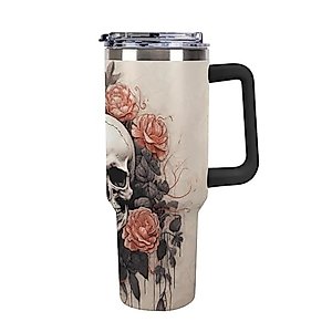 LLUTSNTH 40 Oz Vacuum Tumbler with Black Handle Leakproof Insulated Tumbler Ancient Skull And Flowers Stainless Steel Travel Mug with Lid And Straw Coffee Cup Cute Water Bottles Cup Holder Friendly
