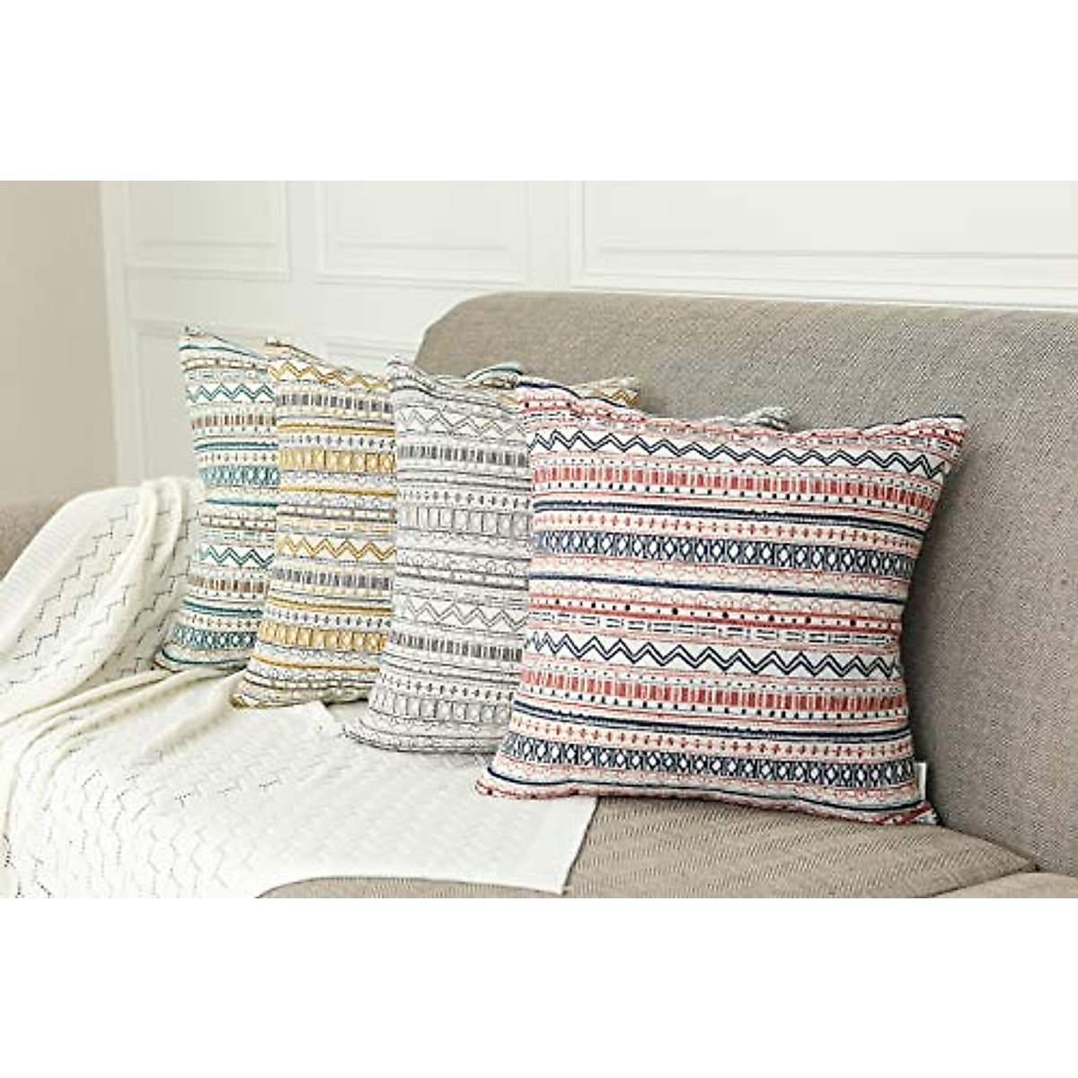 Mika Home Pack of 2 Throw Pillow Cases Decorative Pillow Covers for Home Decoration, Bohemian Striped Geometric Pattern, 22x22 Inches,Gray Cream