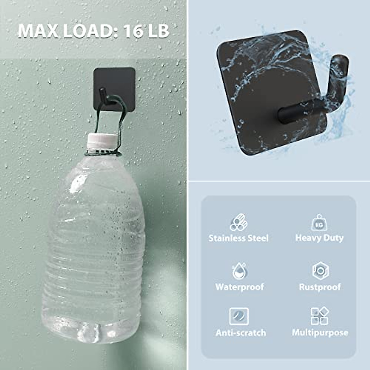 VIS'V Adhesive Hooks, Black Self Adhesive Shower Wall Hooks Waterproof Stainless Steel Stick on Hooks Heavy Duty Kitchen Bathroom Sticky Hooks for Towel Loofah Key Cup Hat Coat - 4 Pcs