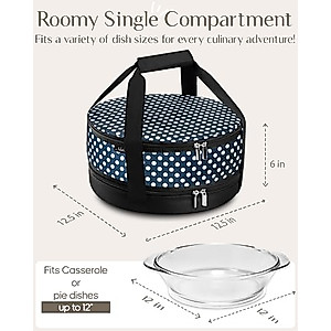 Premium Insulated Round Casserole Carrier & Insulated Pie Carrier (12.5" x 6") – Stylish Pie Carrier with Lid and Handle – Collapsible Cake Carrier, Cheesecake Carrier for transport [Navy Polka Dot]