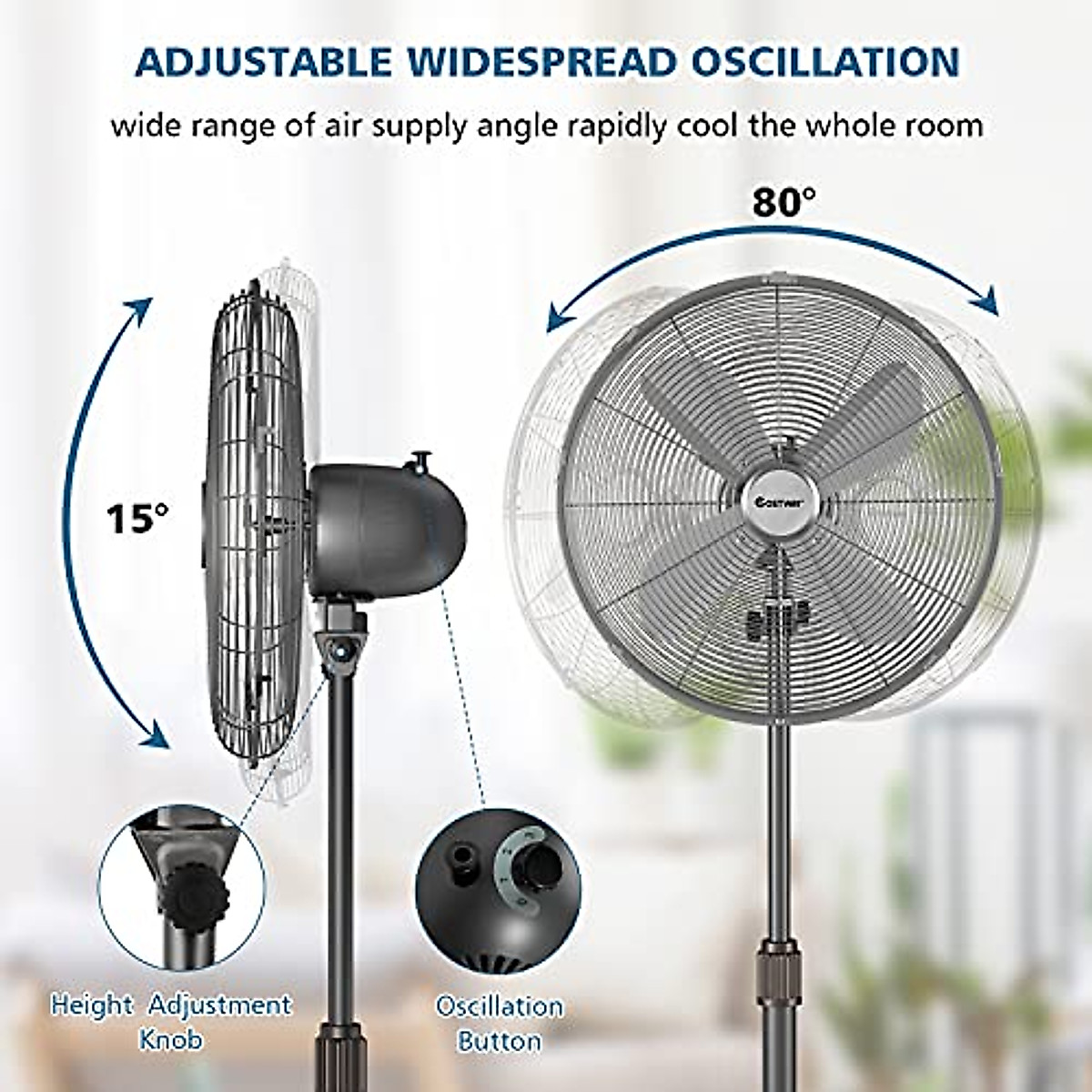 ARLIME16 Inch Oscillating Standing Floor Fan, All Metal Pedestal Fan with Height Adjustable, 4 Blades, and 3 Speed Settings, Powerful and Quiet, Wide Spread Stand Fan for Home, Office, Shop (Black)