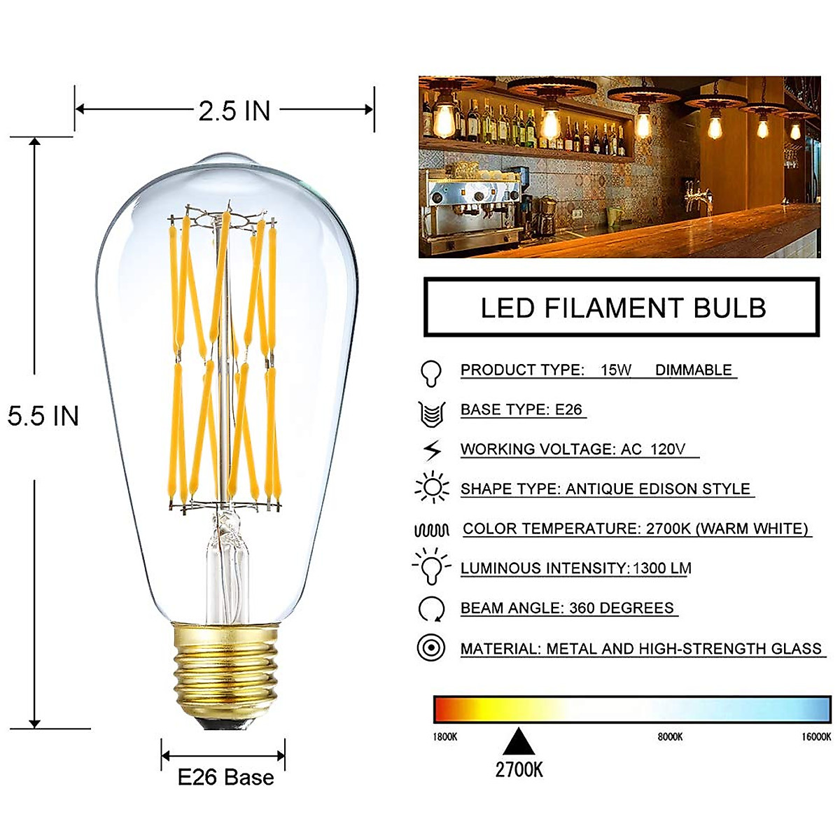 Leools Vintage LED Edison Bulb Dimmable 15W,Equivalent 120W, Antique Style ST64 LED Filament Bulbs,1300 Lumen,2700K Soft Warm White, E26 Base,4 Pack.