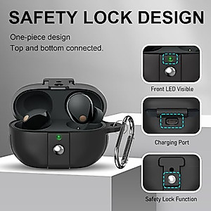 [Secure Lock] Case Cover Compatible with Sony WF-1000XM5, Silicone Case for Sony WF-1000XM5 Earbuds, Shockproof Anti Scratch Case Protective Cover with Carabiner and Lanyard (Black)