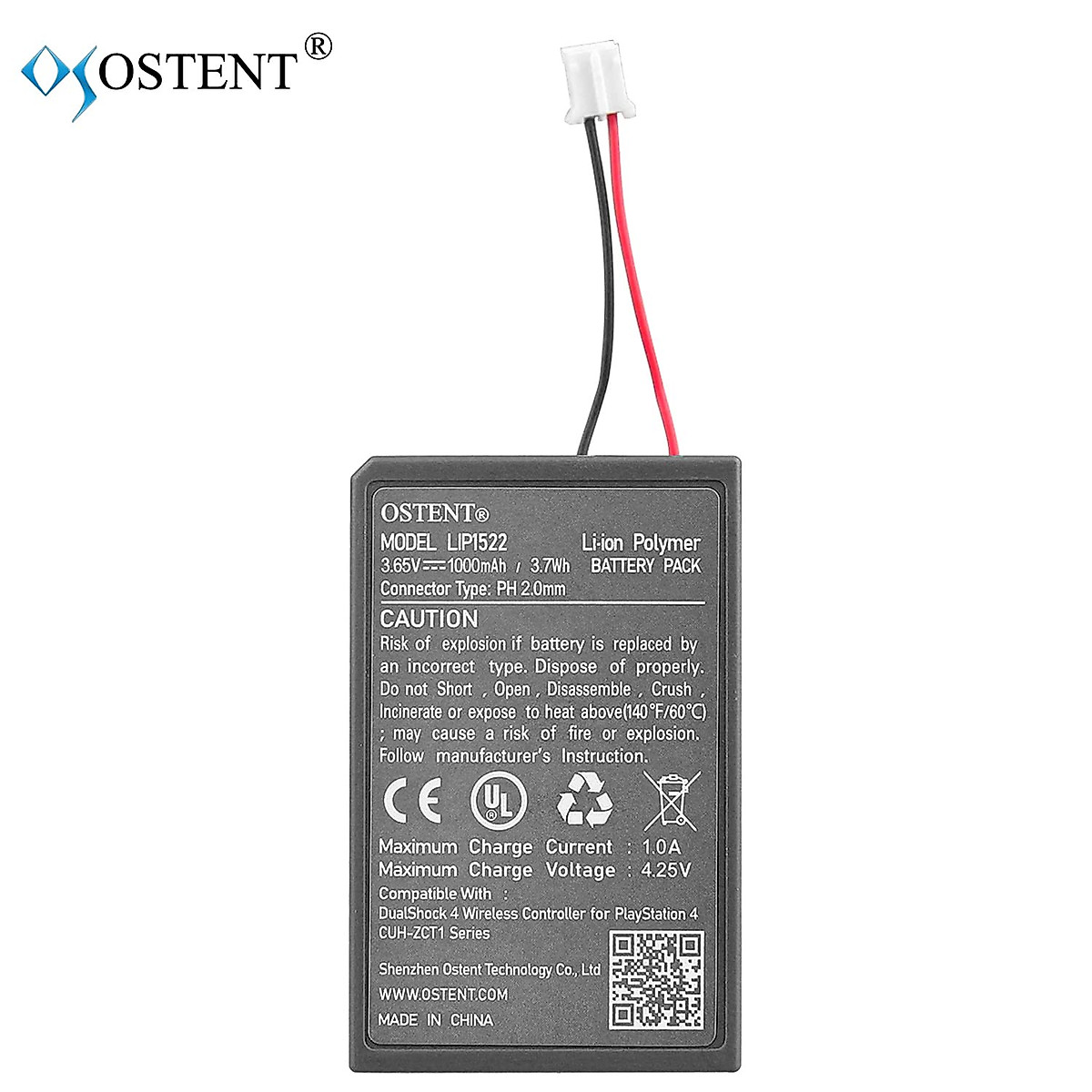 OSTENT 3.65V 1000mAh LIP1522 Rechargeable Li-ion Battery Pack for Sony PS4 Bluetooth Wireless Dual Shock Controller CUH-ZCT1 Series (CUH-ZCT1E/CUH-ZCT1U) First Generation Old Version Big Connector