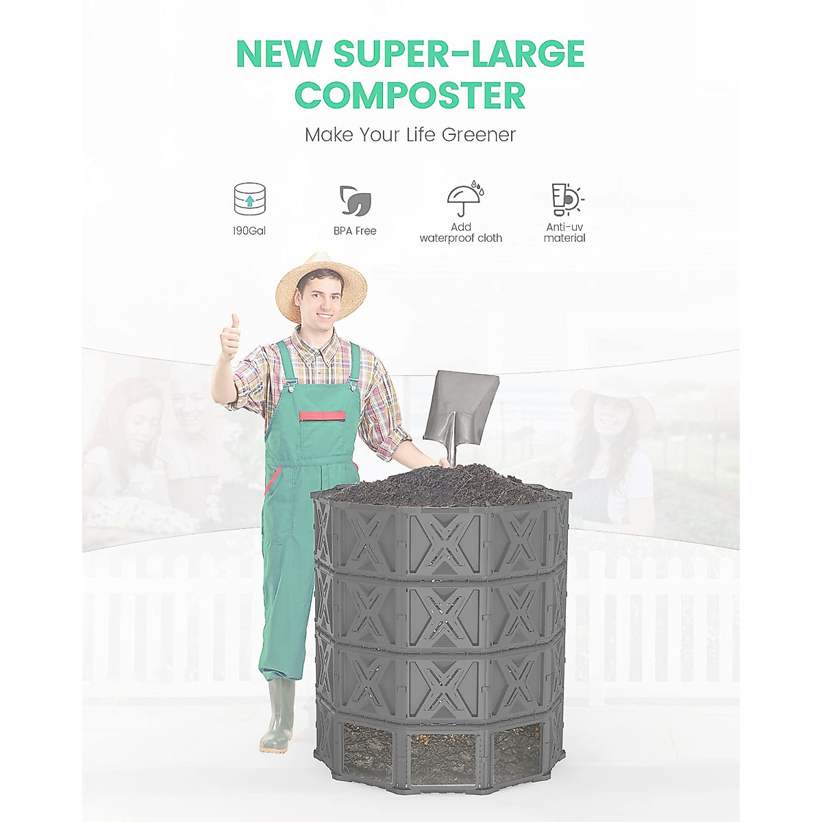 Large Compost Bin - 190 Gallon (720 L) Garden Composter with Better Aeration System, Easy Assembling/BPA Free/Sturdy/Outdoor Compost Tumbler
