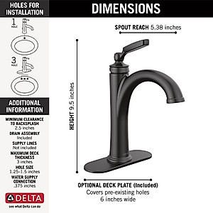 Delta Faucet Woodhurst Single Hole Bathroom Faucet, Single Handle Bathroom Sink Faucet Black, Diamond Seal Technology, Drain Assembly, Matte Black 532-BLMPU-DST