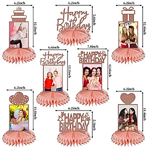 Bumqviy 8Pcs Rose Gold Birthday Decorations Honeycomb Centerpieces for Women Girl, Pink Rose Gold Glitter Birthday Photo Table Centerpiece Party Supplies, 16th 30th 40th 50th 60th Bday Table Topper